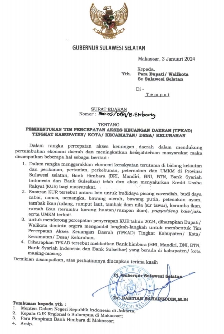 Pj Gubernur Sulsel Keluarkan Surat Edaran Pembentukan Tpakd Hingga